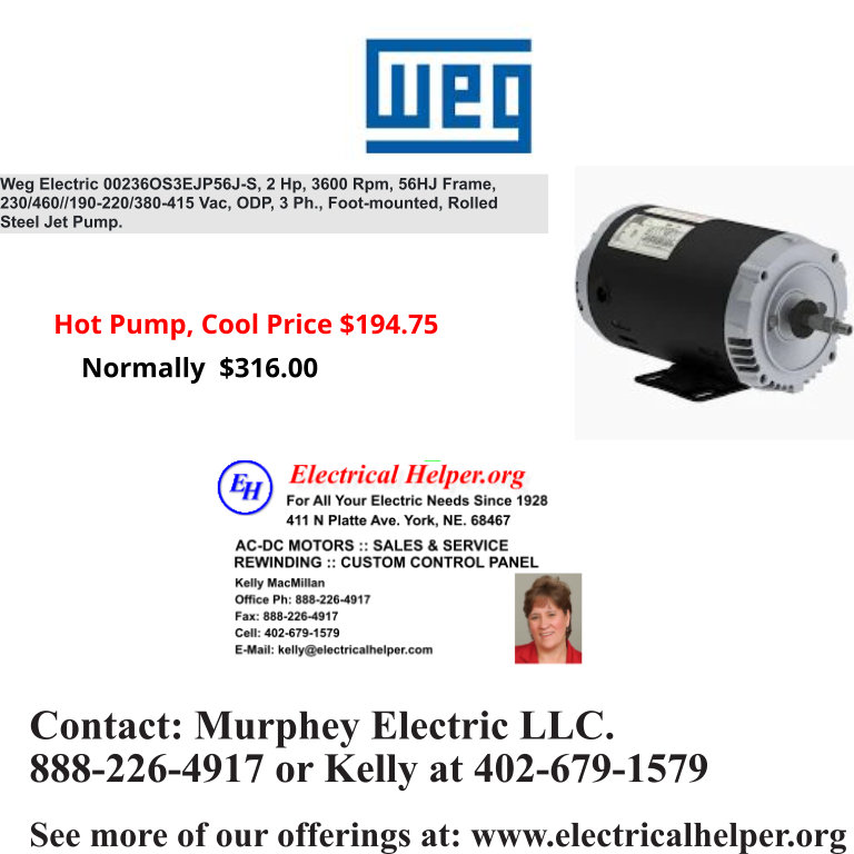 1.5HP WEG 3520RPM 56J TEFC 3PH JET PUMP MOTOR 00156ET3EJP56J-S ...